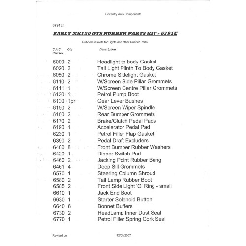 6791E. Jaguar XK120 OTS Roadster Early - Complete Rubber Parts Kit ...